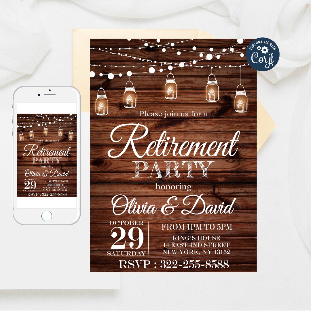 Editable String Light Retirement Invitation, Rustic Retirement Party ...