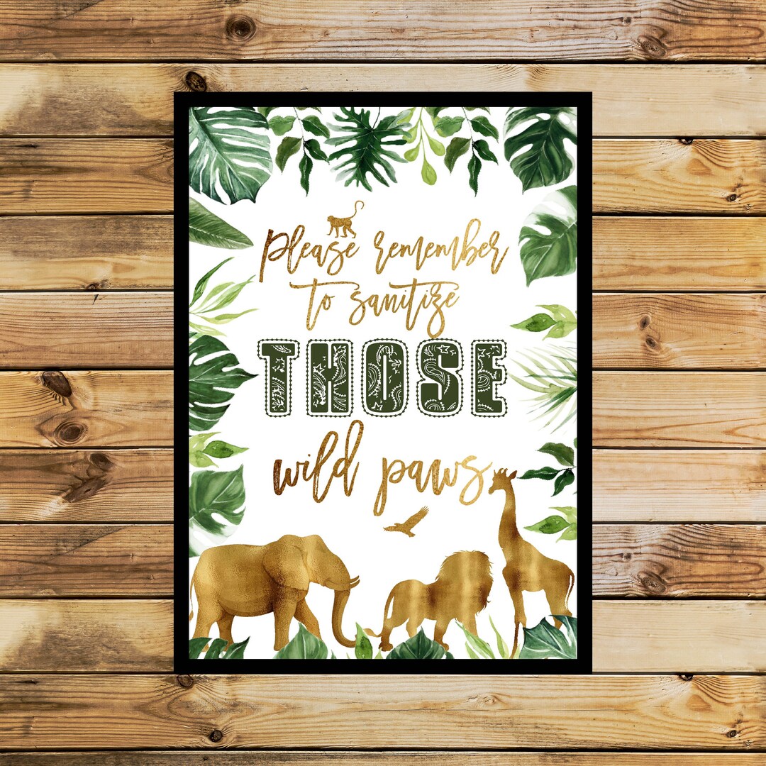 Jungle Sanitizing Station Sign, Gold Animals Sanitize Your Hands Sign ...