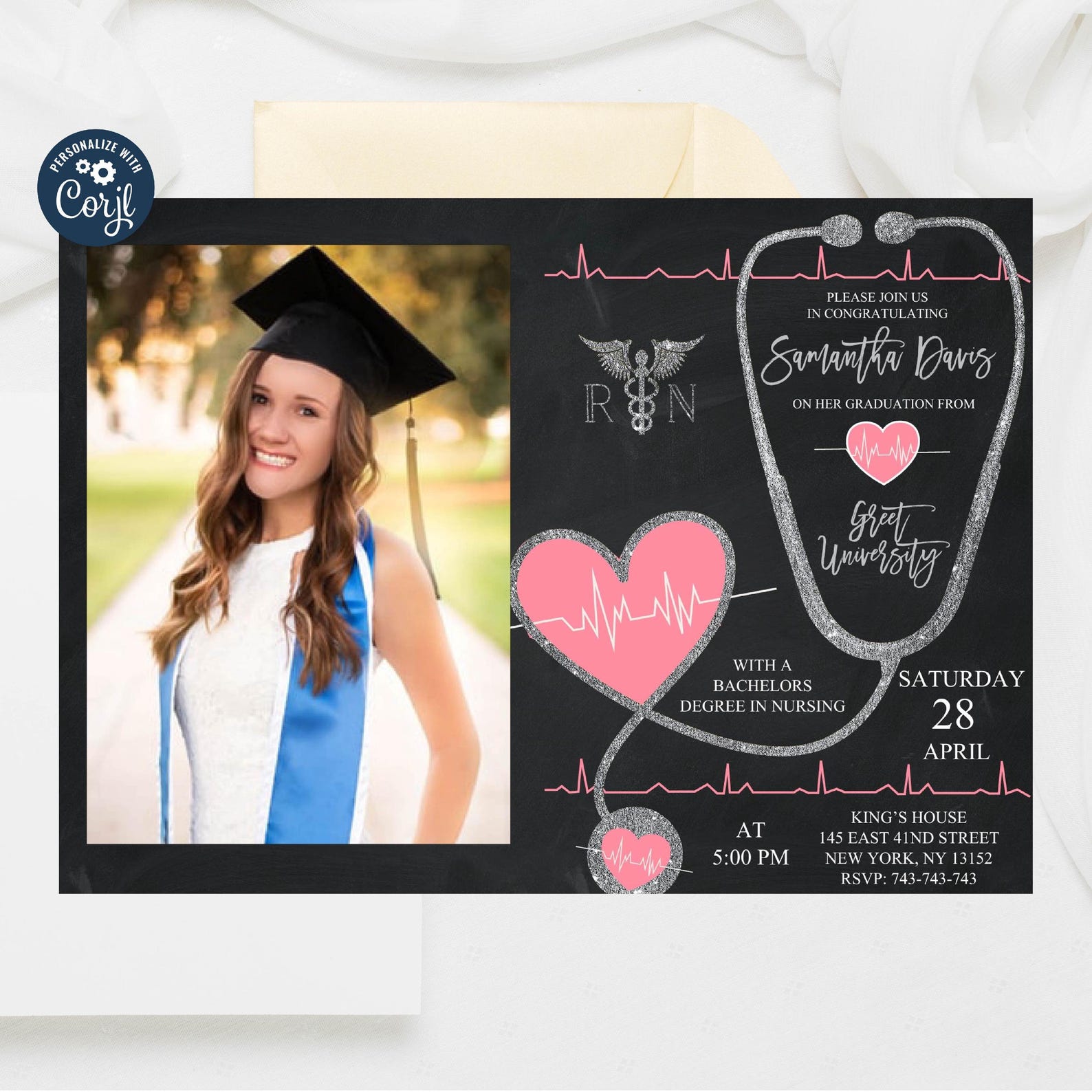 Editable Nursing Graduation Announcement: RN Photo Invitation (digital ...