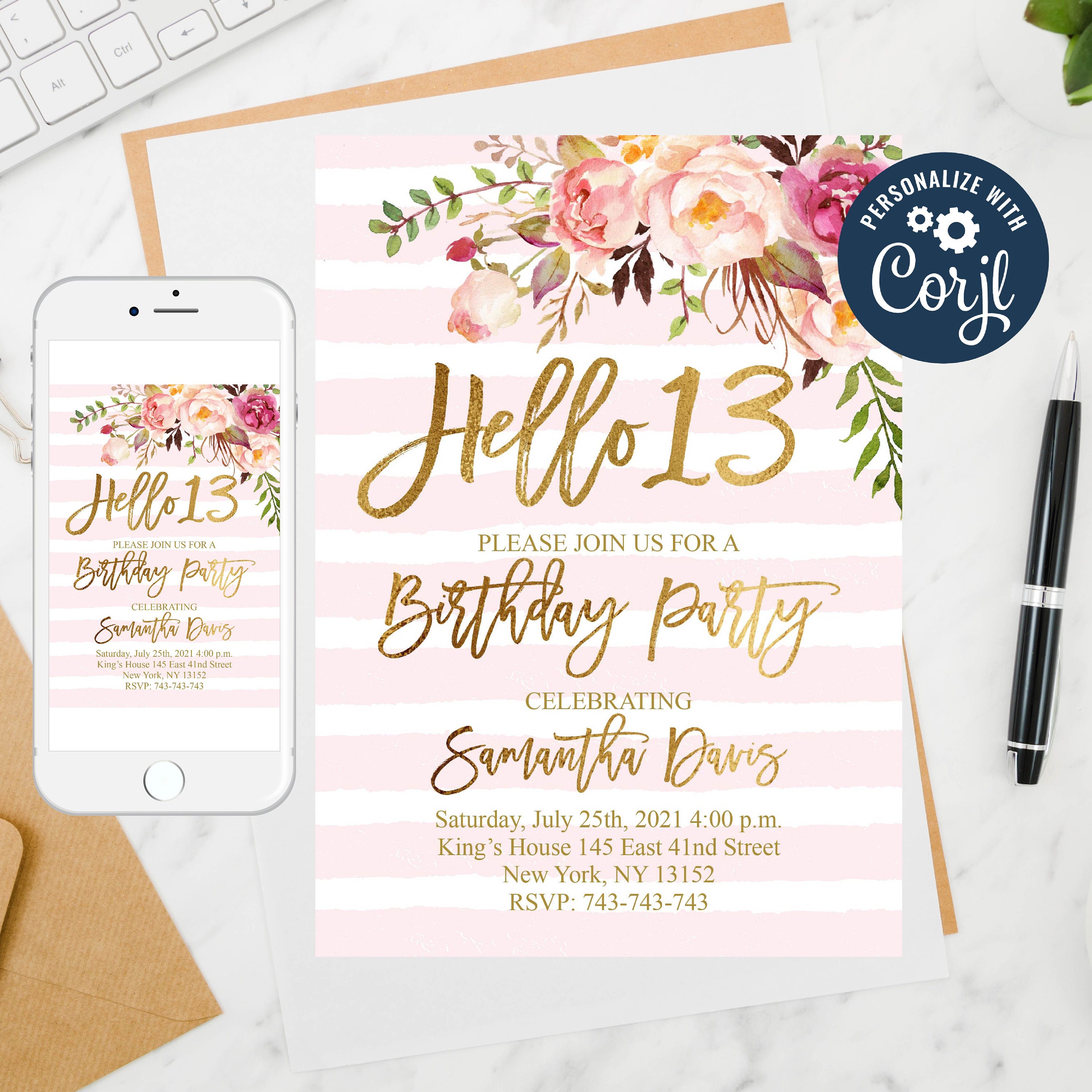 Editable Floral Birthday Invitation 13th Birthday Invitations Etsy Espa a