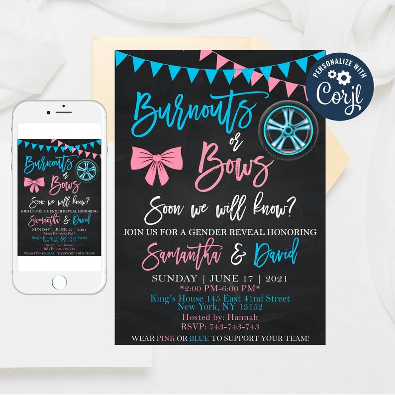 Editable Burnouts Or Bows Gender Reveal Invitation Cars Etsy