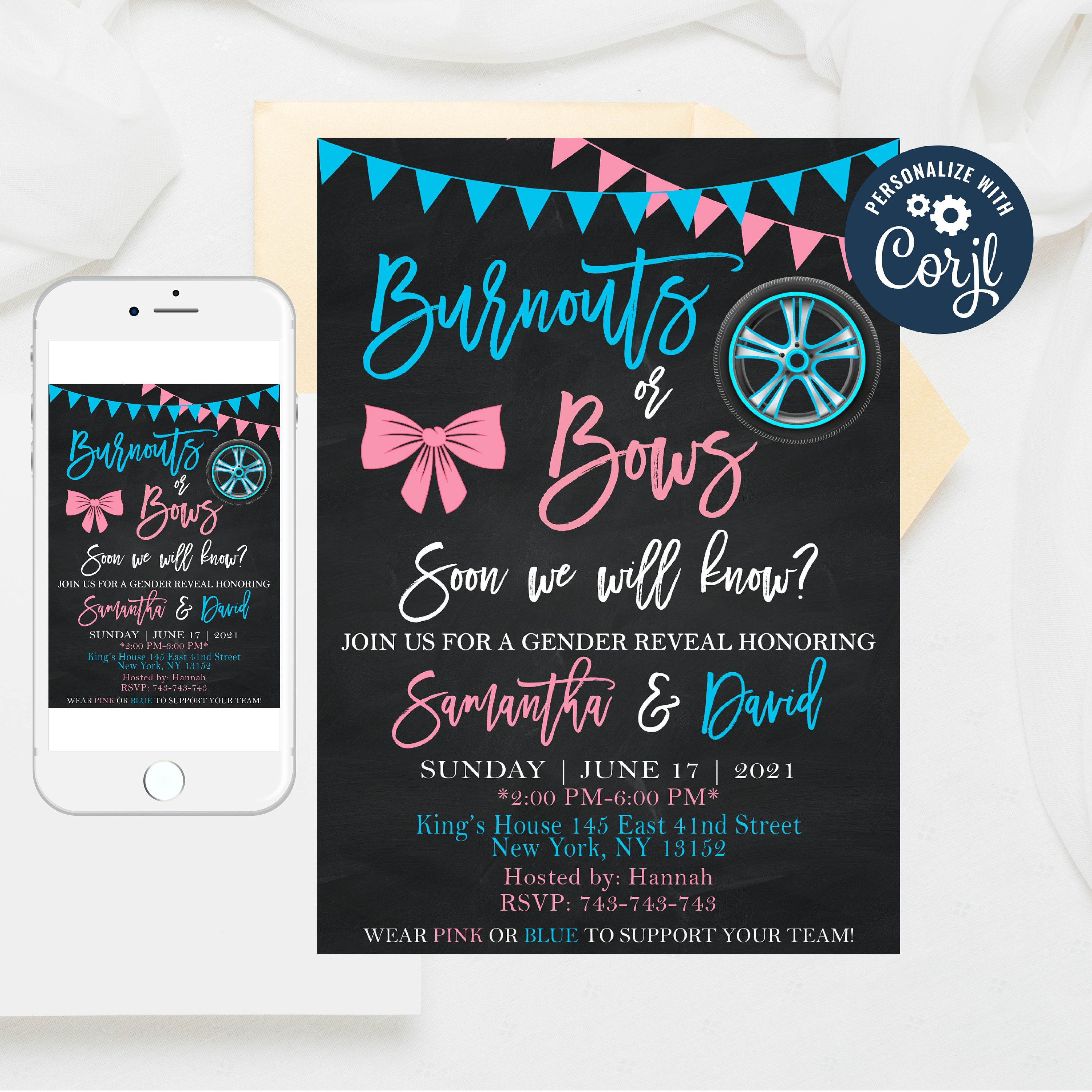 Editable Burnouts Or Bows Gender Reveal Invitation Cars Etsy