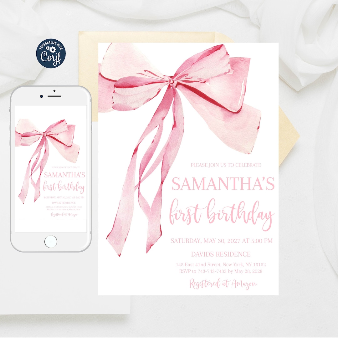 Editable Pink Bow Birthday Invitation, Watercolor Dusty Pink Ribbon ...
