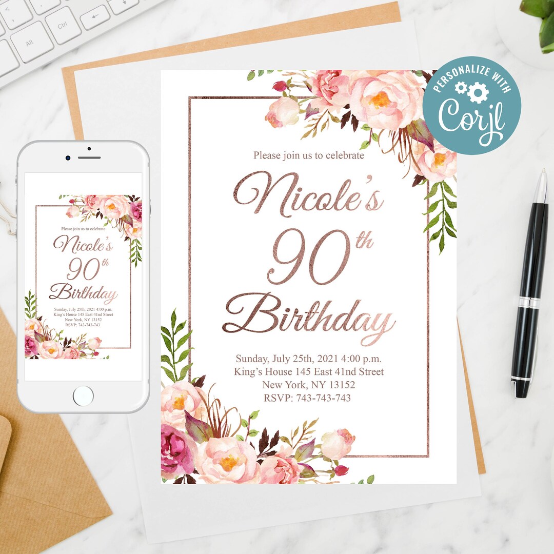 Floral 90th Birthday Invitation: Blush Rose Gold (editable) - Etsy