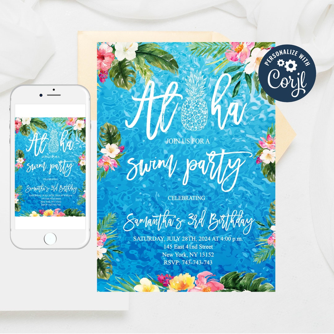 Editable Aloha Pool Party Tropical Birthday Party Invitation, Luau Swim ...