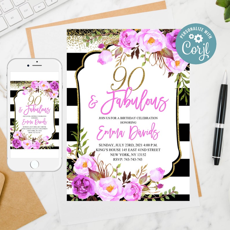 Editable Floral Birthday Invitation 90th Birthday Invitation - Etsy UK
