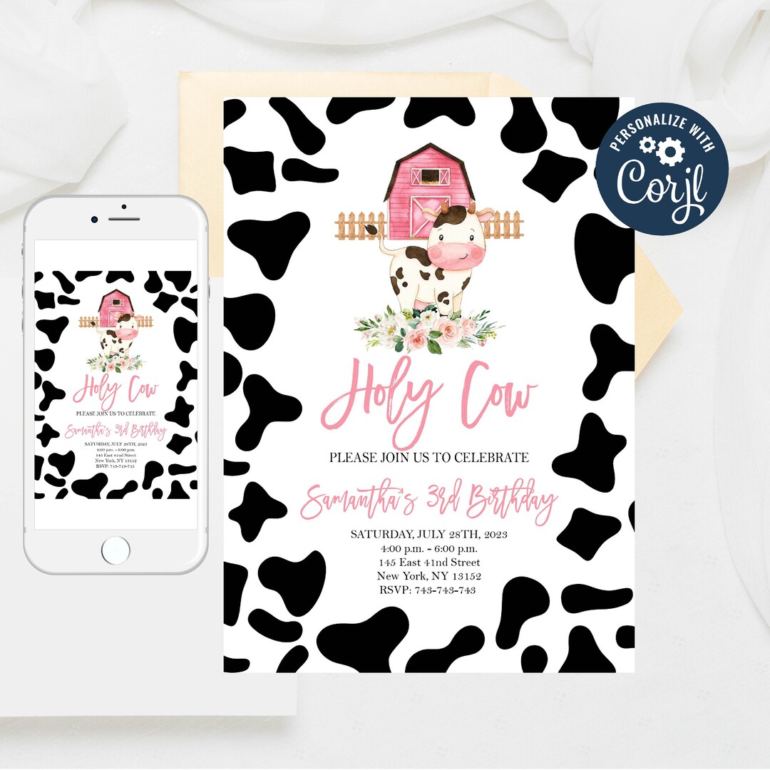 Pink Cow Birthday Invitation: Barnyard Girl Invite (editable Template ...