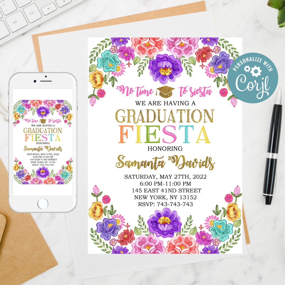 Editable Fiesta Graduation Photo Invitation, Colorful Graduation Fiesta ...
