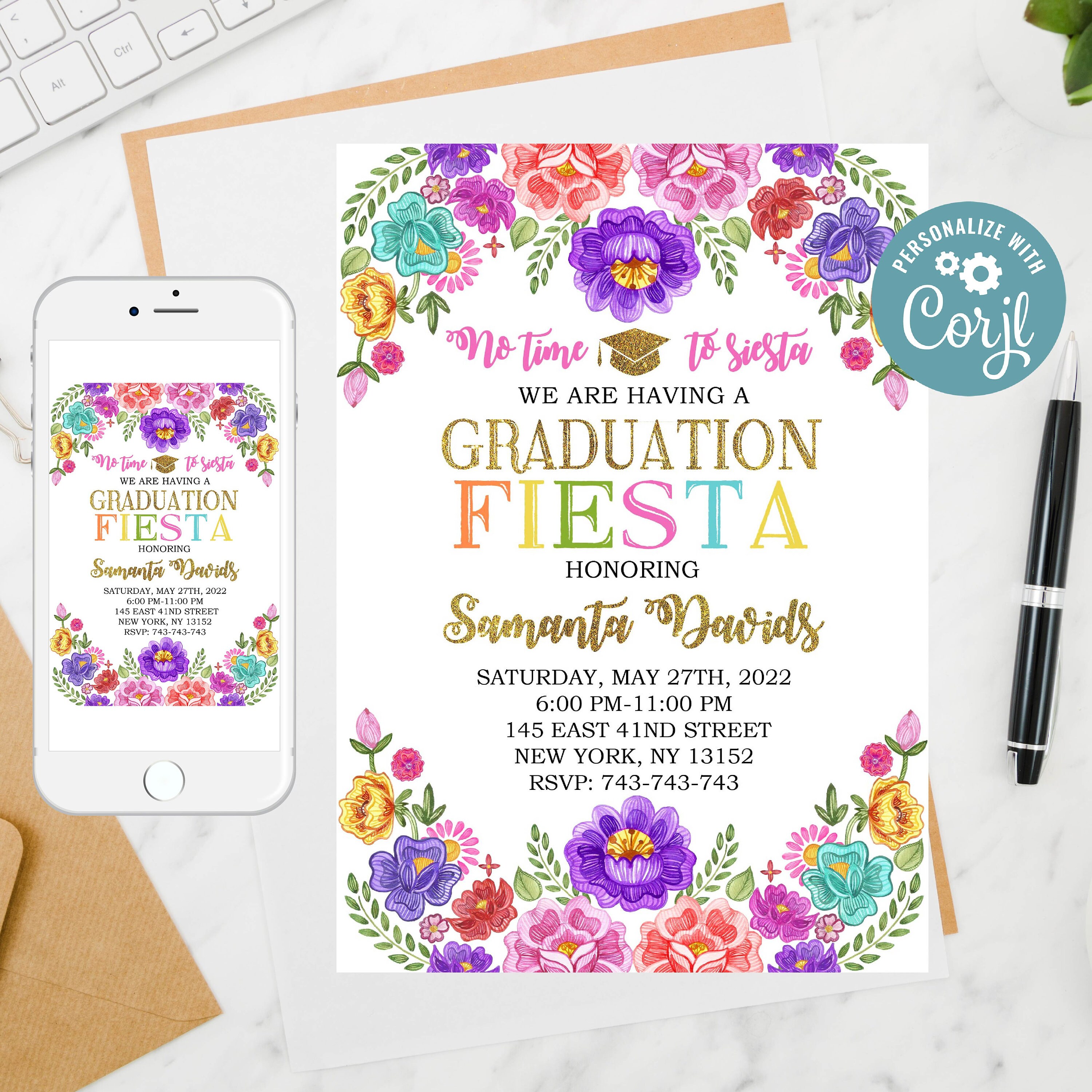Editable Graduation Fiesta Invitation: Colorful Mexican Theme (digital ...