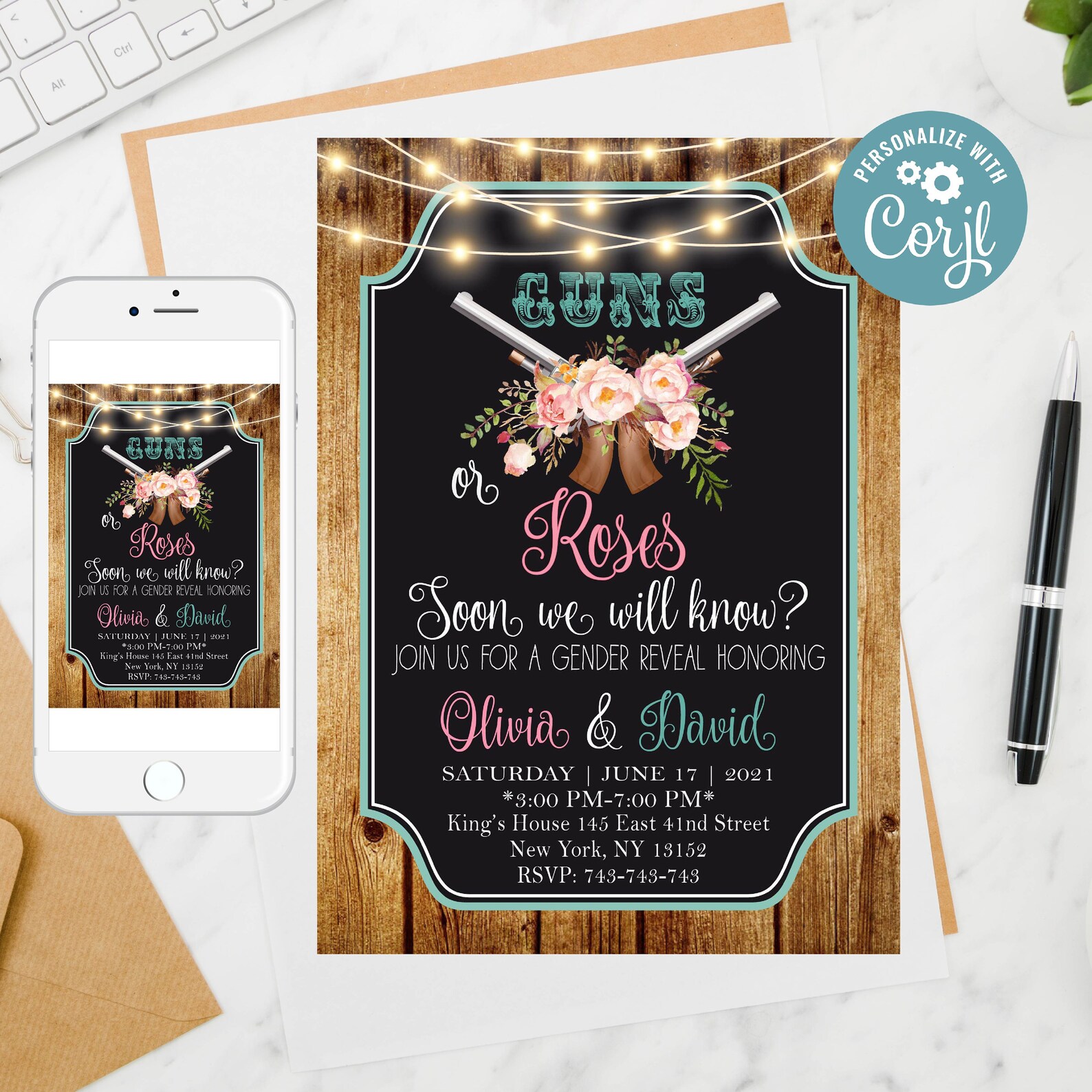 Editable Rustic Guns or Roses Gender Reveal Party Invitegirl | Etsy