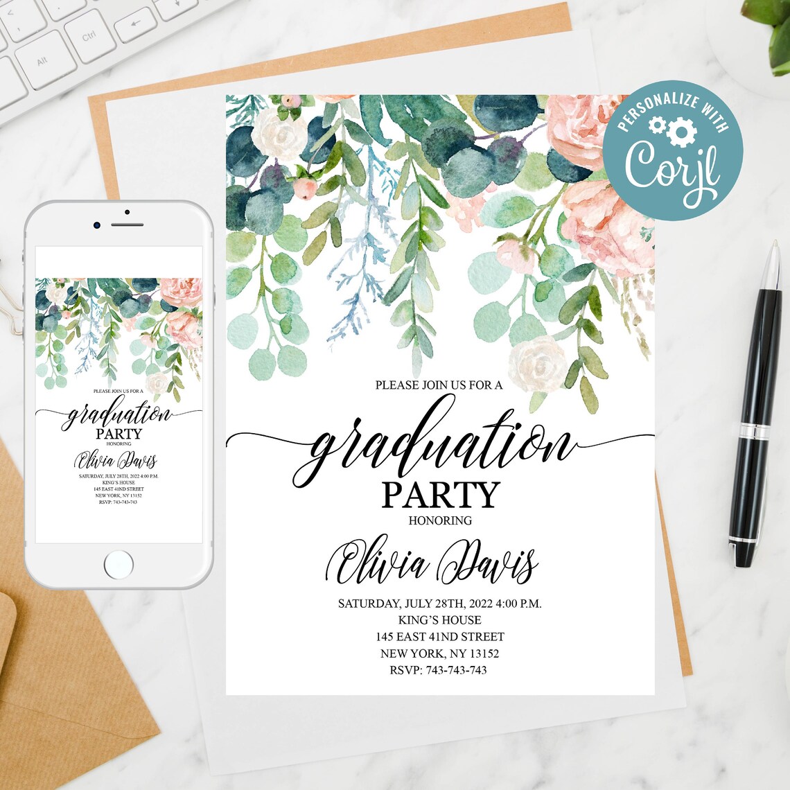 Editable Greenery Graduation Invitation Rustic Watercolor - Etsy