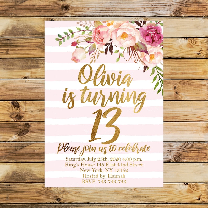 Floral Birthday Invitation 13th Birthday Invitations Girl Pink | Etsy
