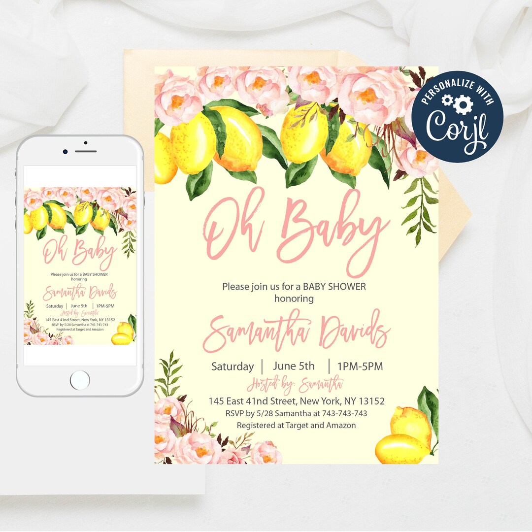 Editable Lemon Baby Shower Invitation, Floral Lemon Oh Baby, Summer ...