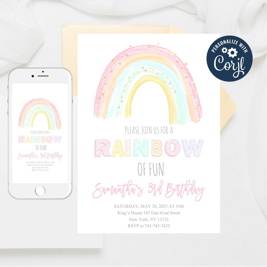 Editable Rainbow Birthday Invitation, Rainbow Invite, Colorful Rainbow ...