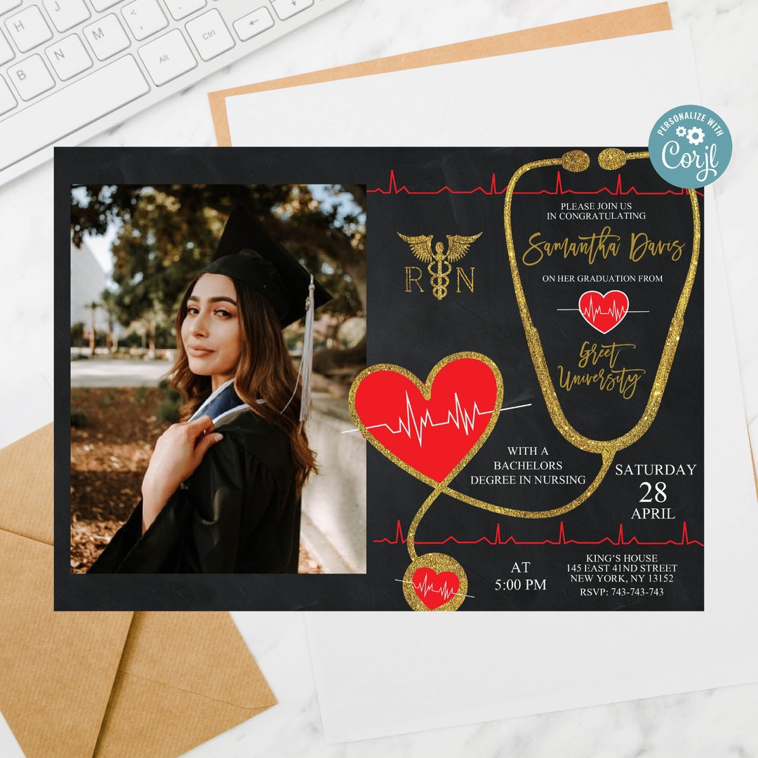 Editable Nursing School Graduation Announcement: RN Photo Invitation ...