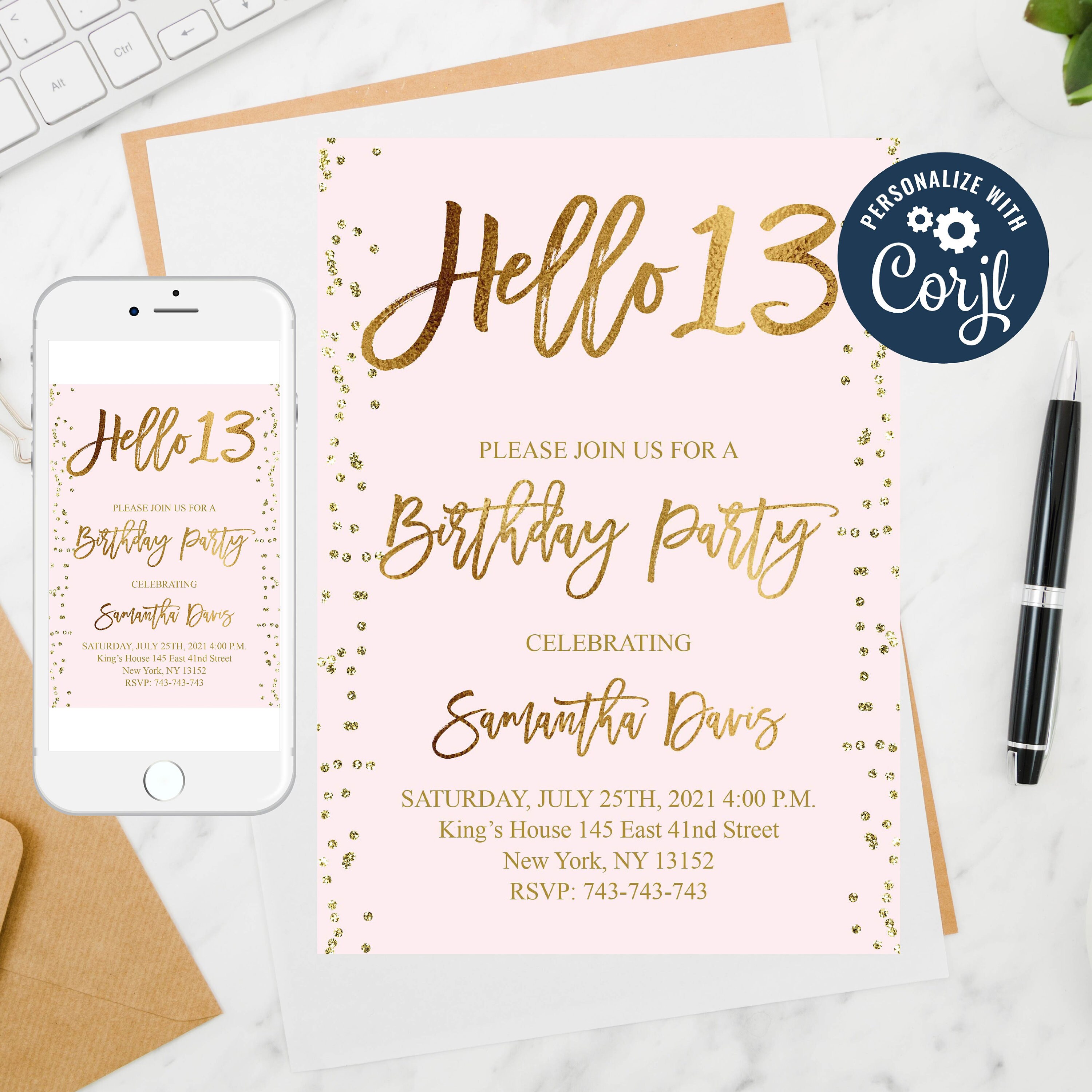 Editable Pink and Gold Thirteenth Birthday Invitation 13th - Etsy