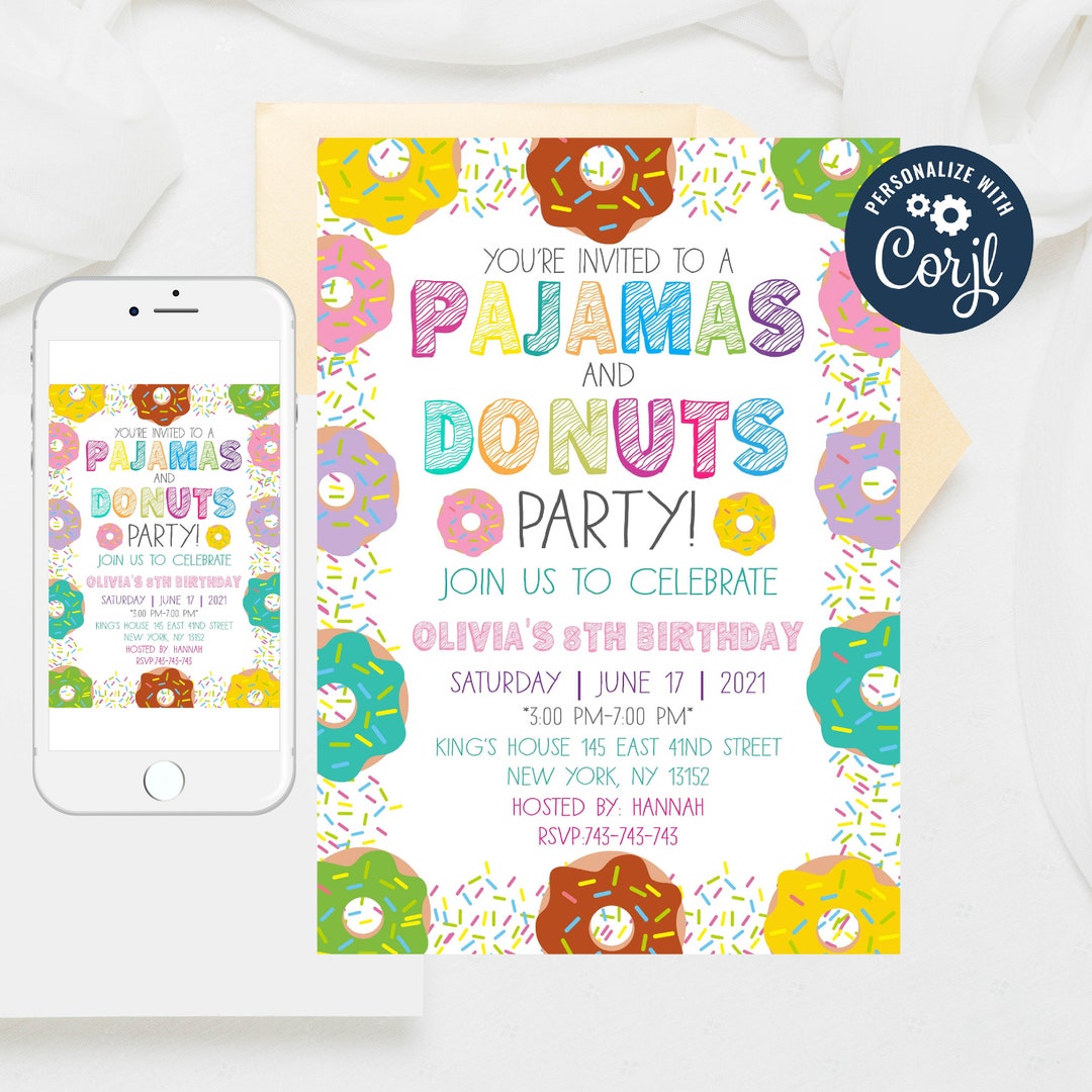 Editable Donuts and Pajamas Birthday Invitation, Donuts and Pajamas ...