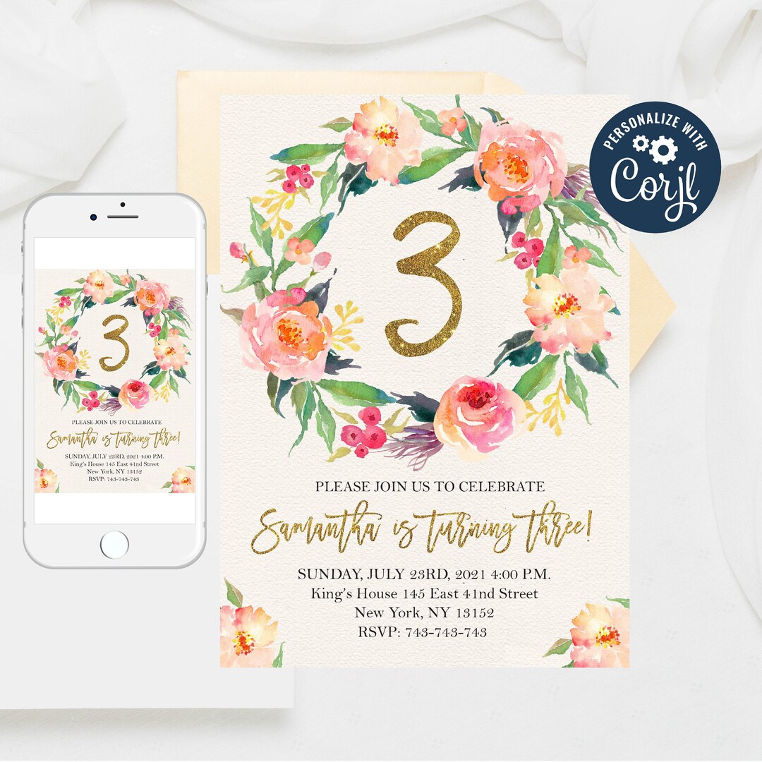 Editable Third Birthday Invites, 3rd Birthday Invitation, Girls 3rd ...