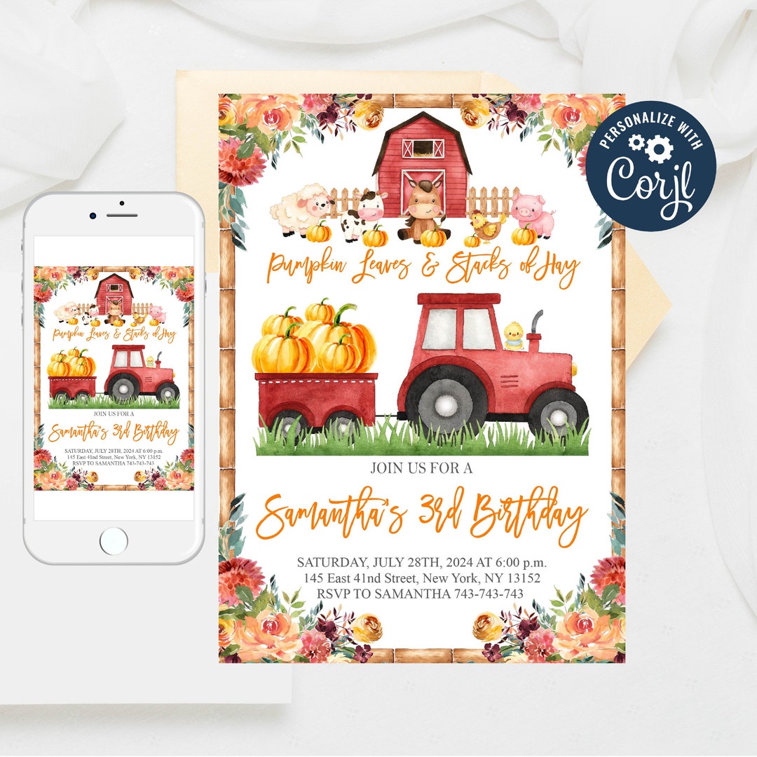 Editable Farm Pumpkin Birthday Invitations, Barnyard Birthday, Pumpkin ...