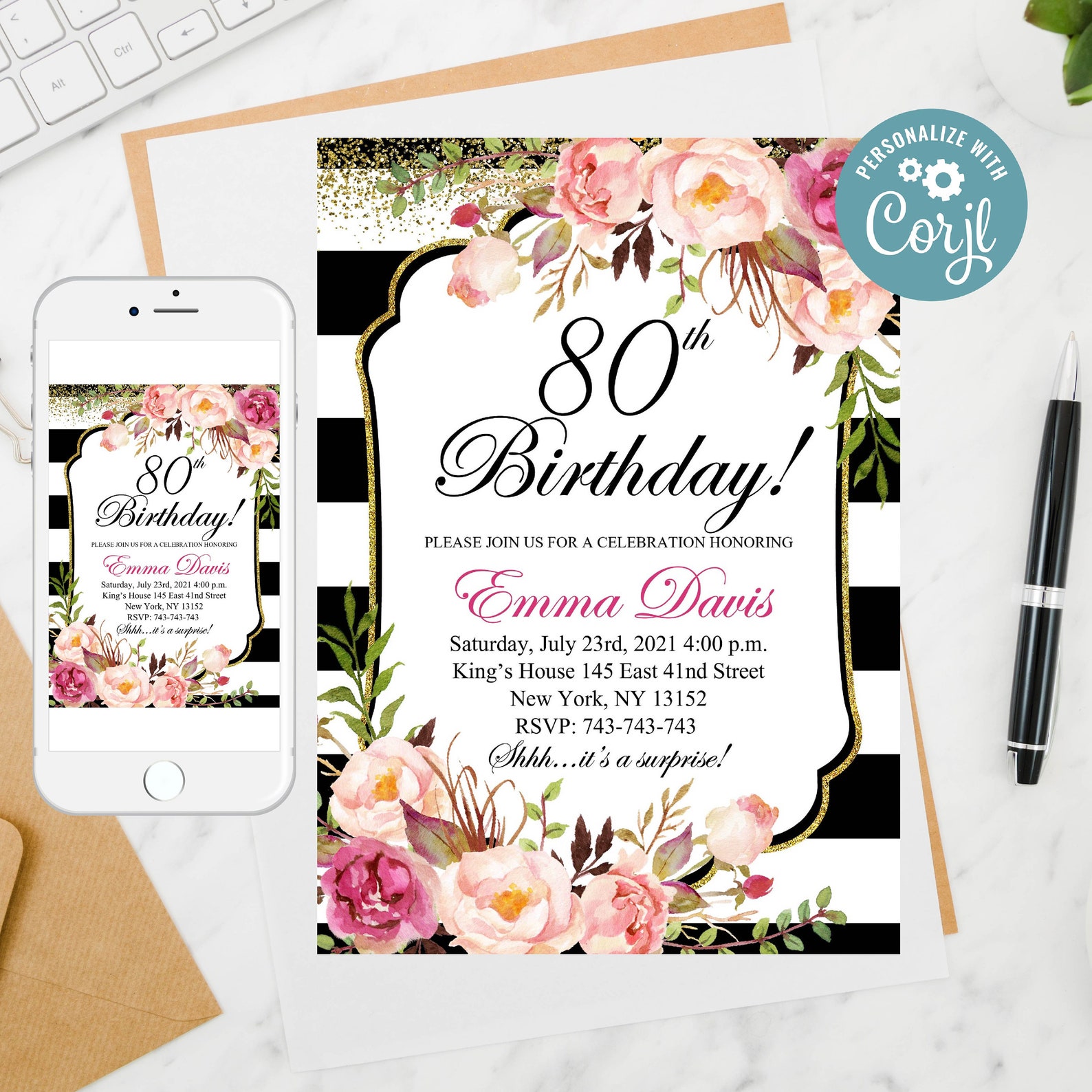 Editable Floral Birthday Invitation 80th Birthday Invitation | Etsy