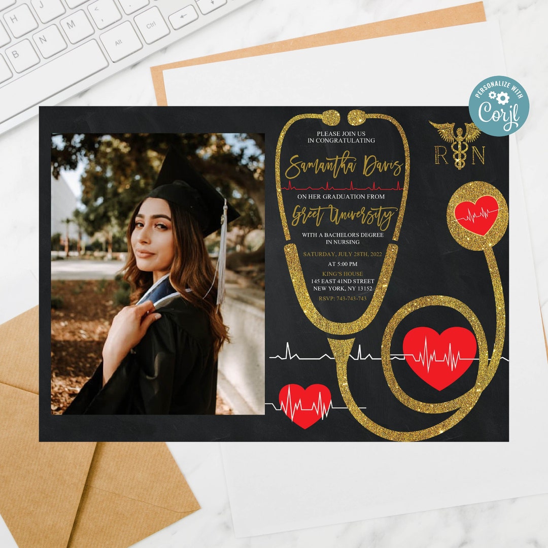 Editable Nursing Graduation Announcement: RN Photo Invitation (digital ...