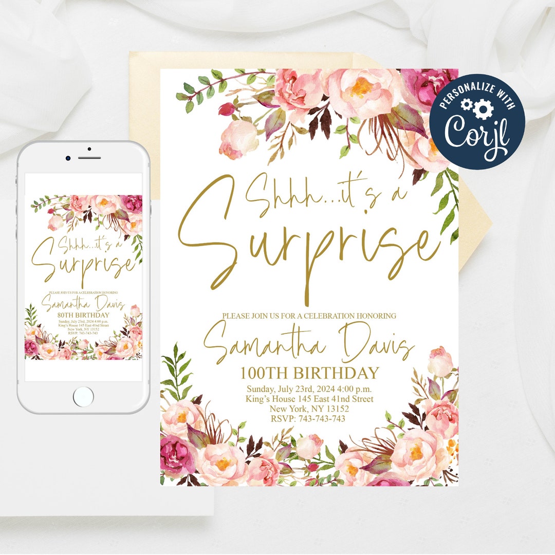 Editable Surprise 100th Birthday Invitation, Women Birthday Invitation ...