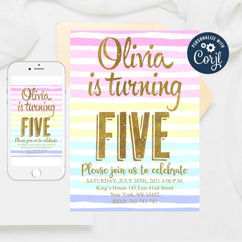 Editable Girls 5th Birthday Invitation Rainbow Party Gold - Etsy