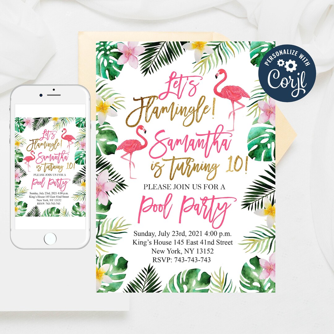 Editable Flamingo Pool Party Invitation, Pool Party, Birthday ...