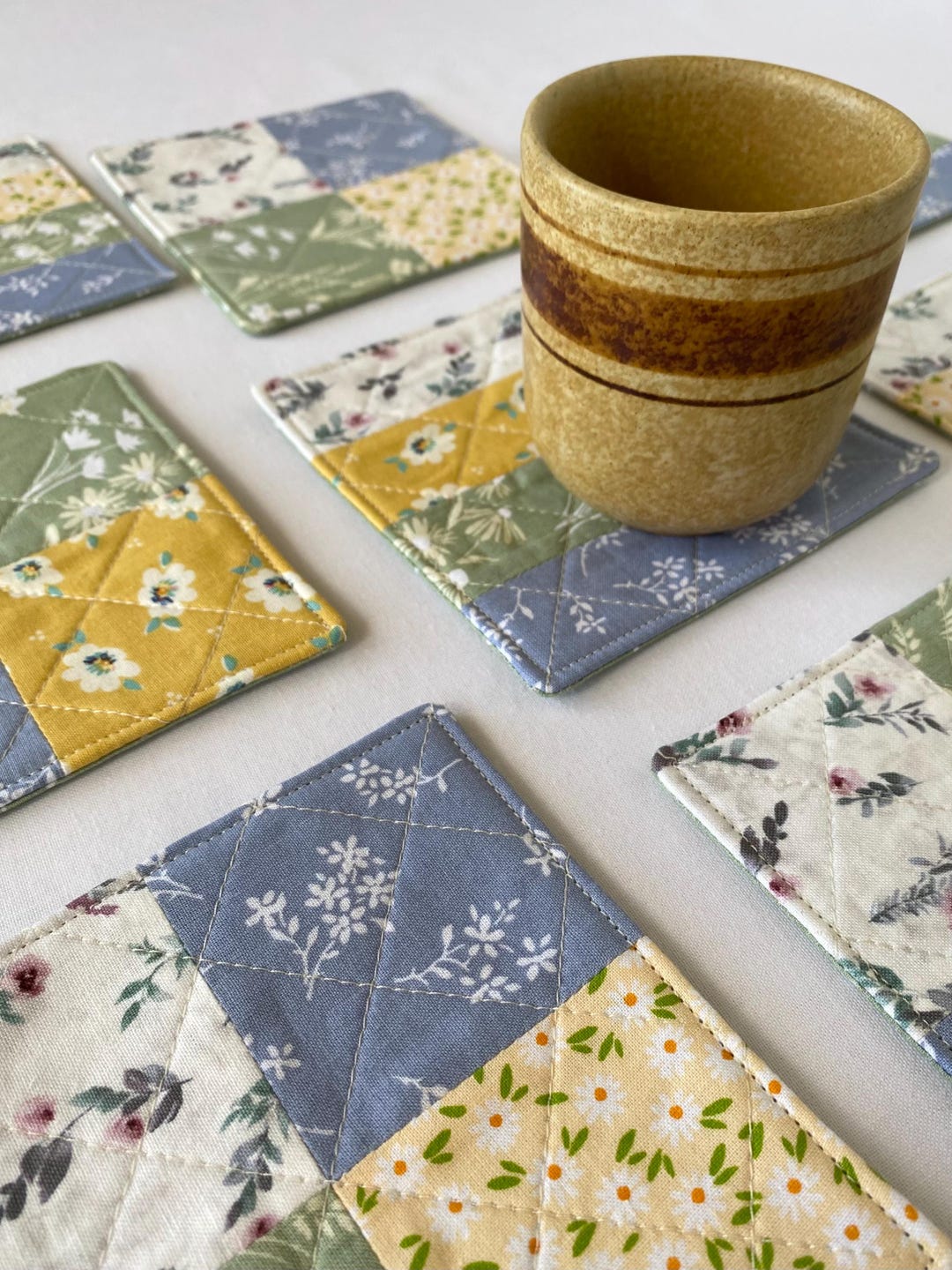 Handmade Quilted Floral Coasters – Patchwork Pastel Fabric Drink ...