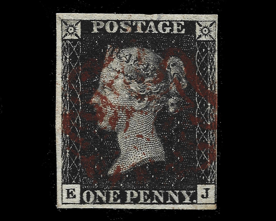 Genuine 1840 Penny Black Stamp,ej, Four Margins and a Red Maltese Cross ...