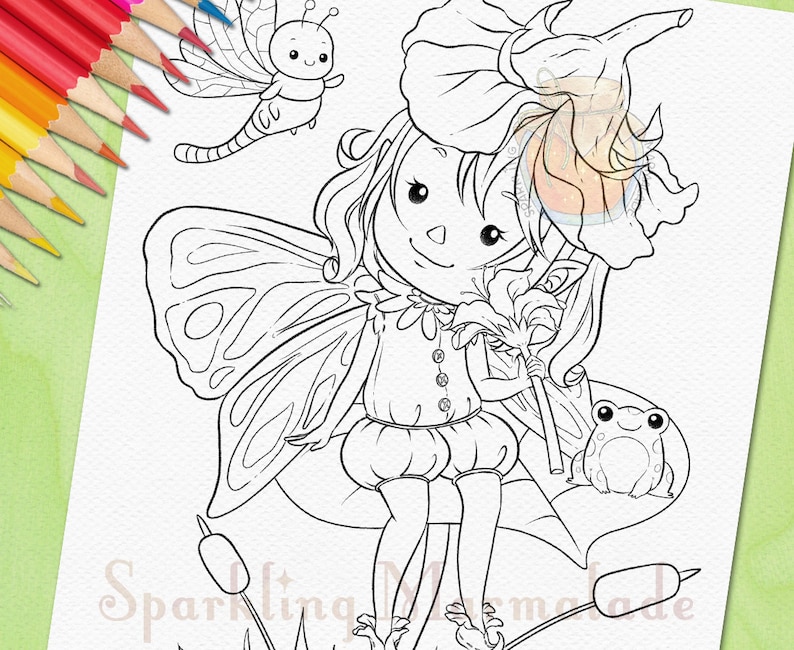 Flower Fairy and Frog Digital Stamp, Plant Pixie Line Art, Forest ...