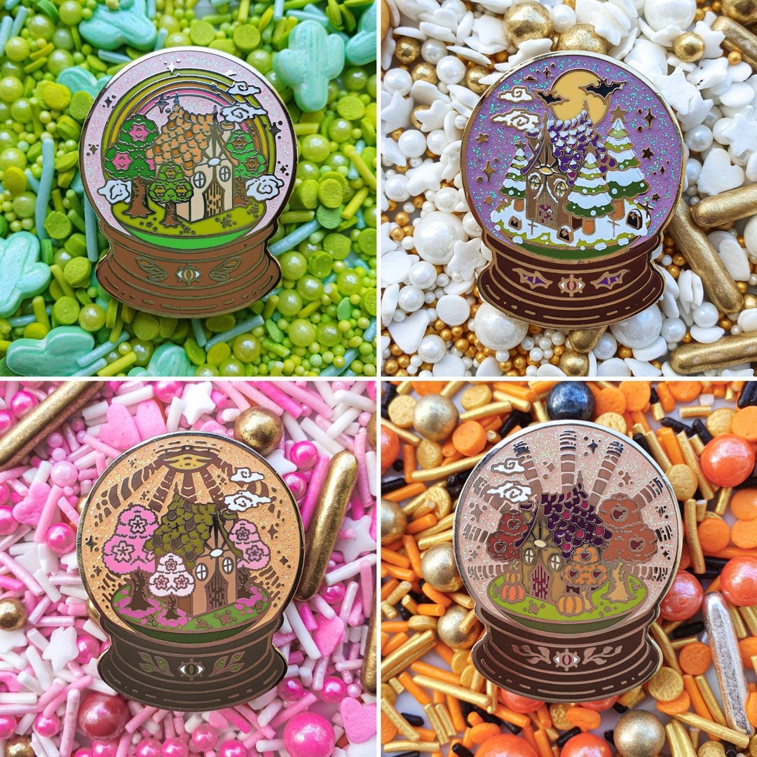 FOUR SEASONS SET. Cottage in the Woods Enamel Pin. Gold Finish. Glitter ...