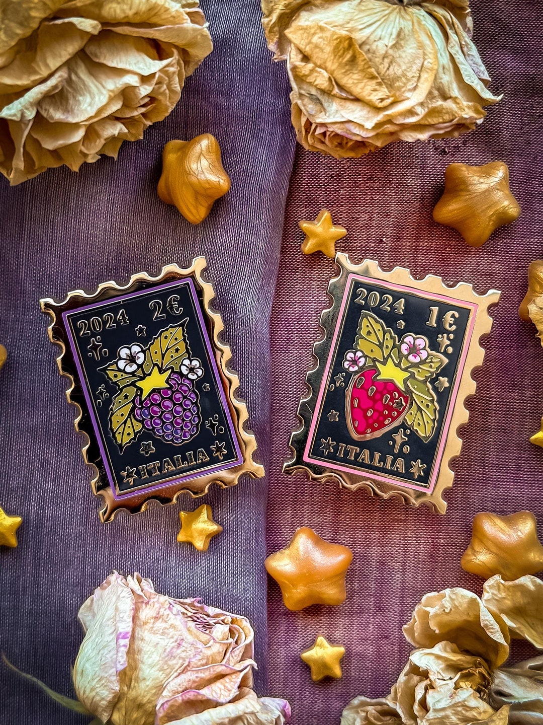 VINTAGE POSTAGE STAMPS Enamel Pin, Blackberry, Gold Retro Brooch ...