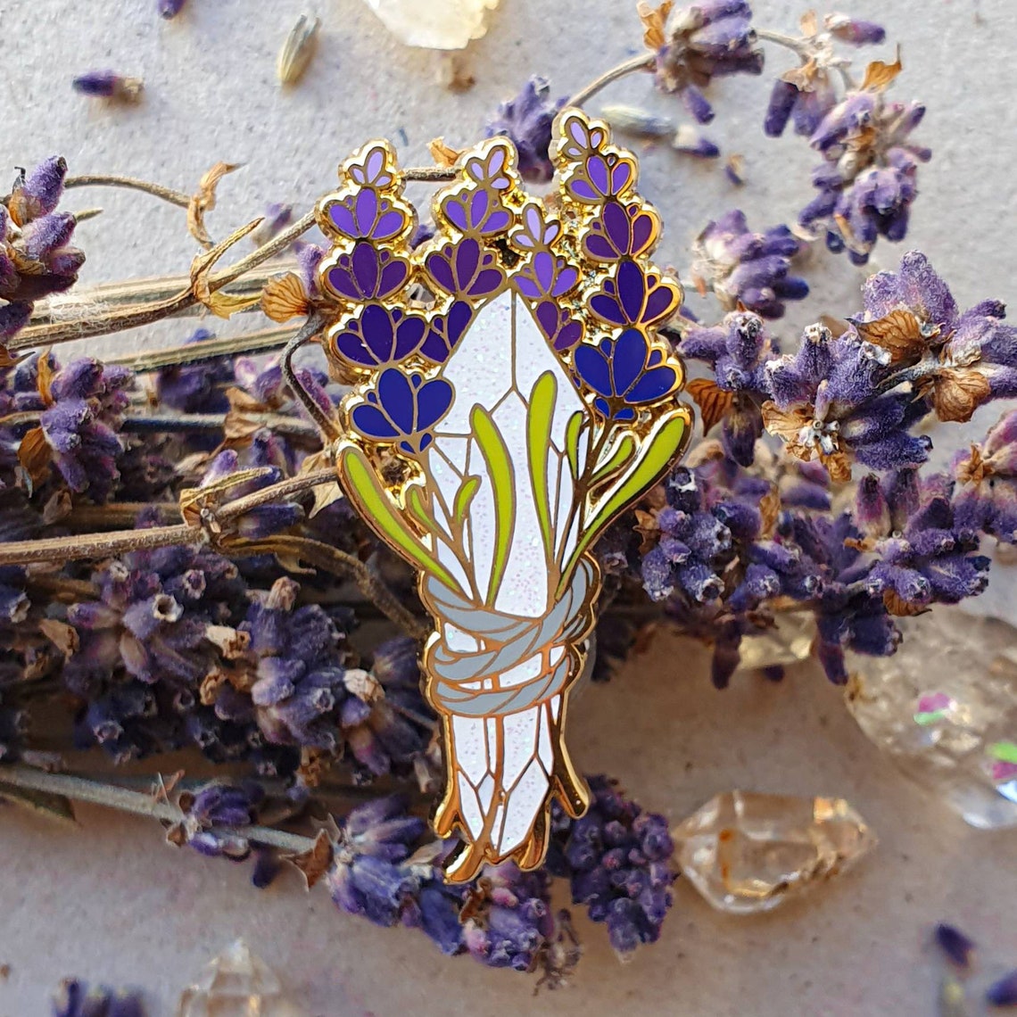 LAVENDER WITH CRYSTAL. Enamel Pin. Gold Finish, Hard Enamel. Green ...