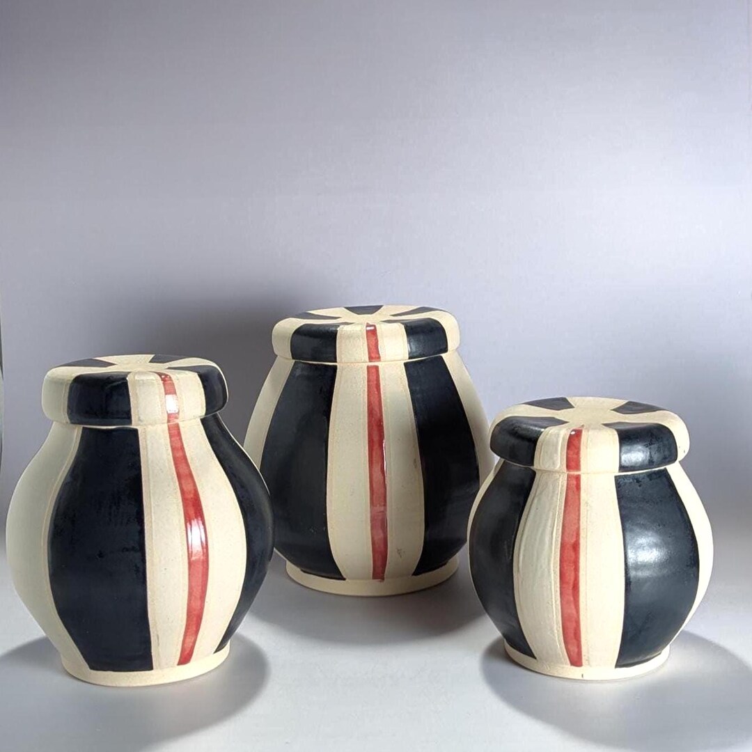 Large Radioactive Lidded Moon Jar, Ceramic Moon Jar, Graphic Lines ...