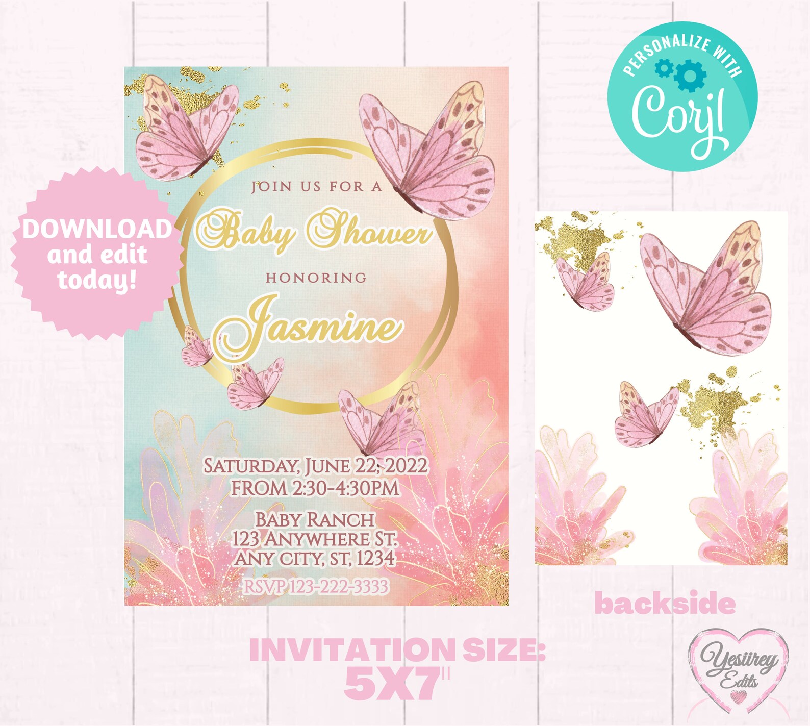 EDITABLE Butterfly Themed Girl Baby Shower Invitation Template 5X7 ...