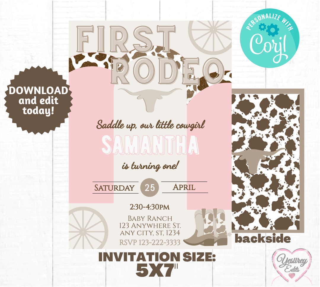 EDITABLE First Rodeo Girl First Birthday Invitation Template 5X7 ...