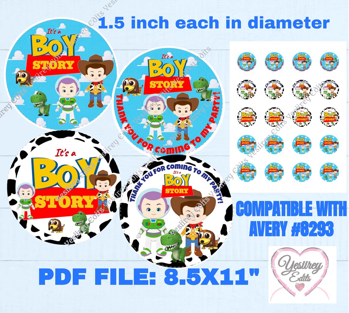 Printable "it's a Boy Story" Baby Shower 1.5 Inch Avery 8293 Sticker ...