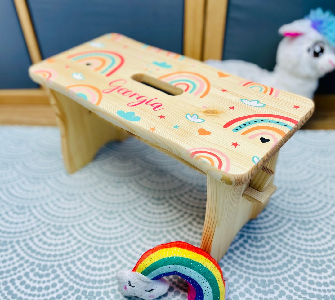 Personalised Rainbow Stool / Child’s Wooden Step / Birthday Christening ...