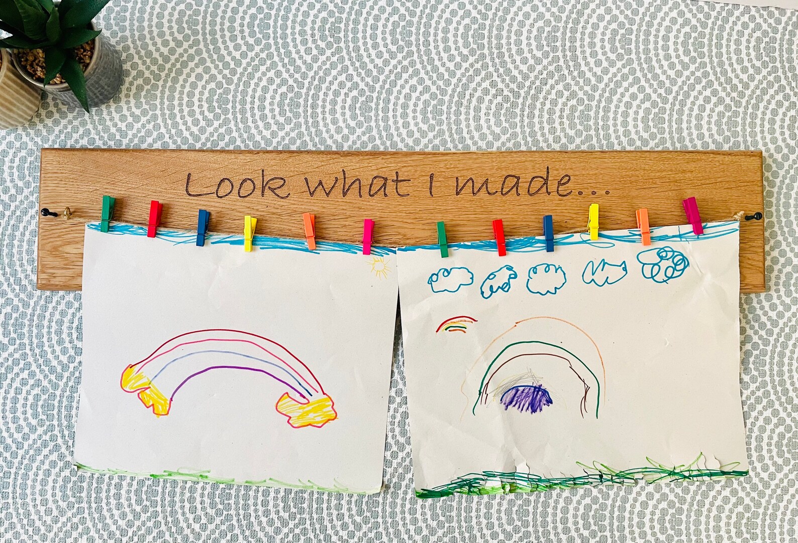 Solid Oak Personalised Art Display Peg Board / Childrens Art Drawing ...