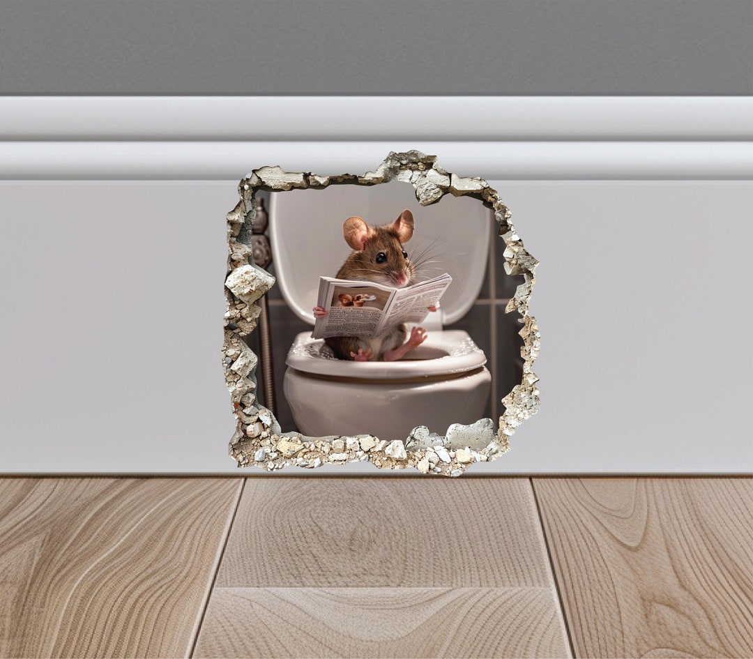 Mouse Sitting on Toilet in Mouse Hole Decal, Mouse Reading in Mouse ...