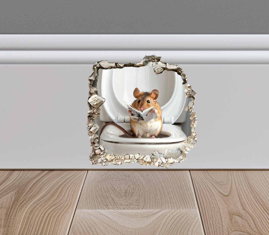 Mouse Sitting on Toilet in Mouse Hole Decal, Mouse Reading in Mouse ...