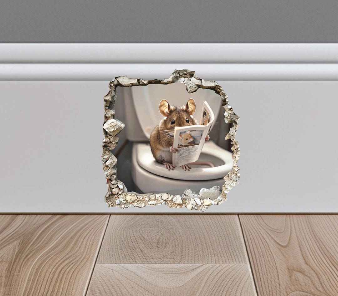 Mouse Sitting on Toilet in Mouse Hole Decal, Mouse Reading in Mouse ...
