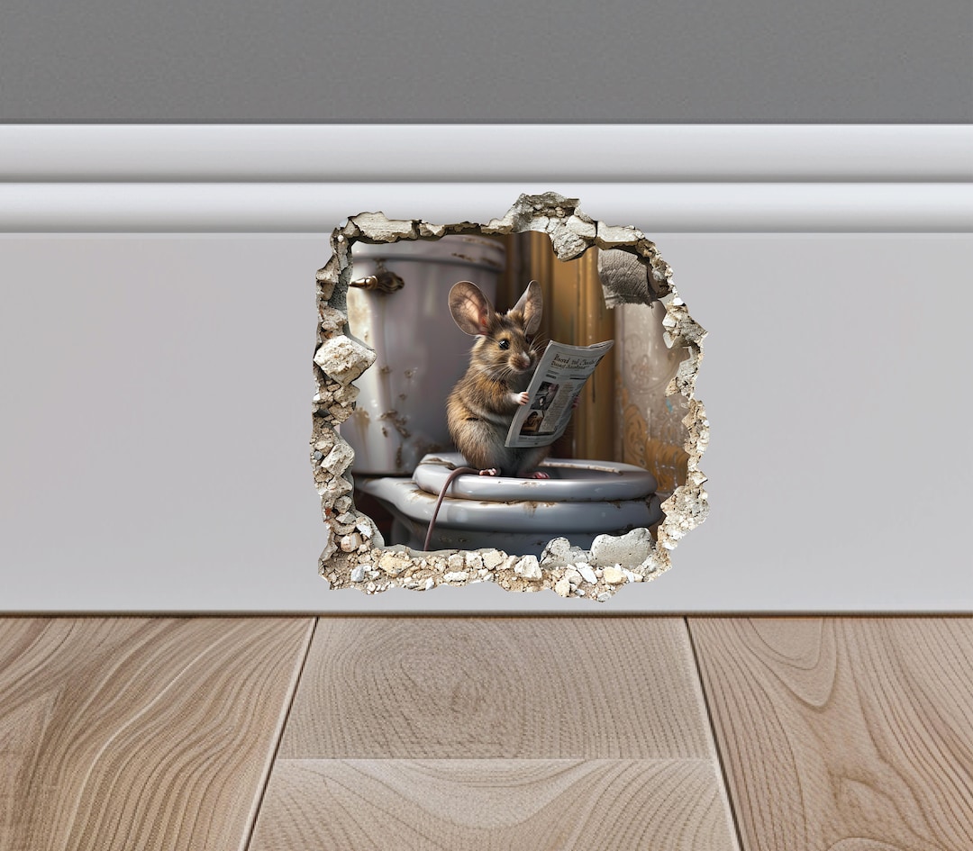 Mouse Sitting on Toilet in Mouse Hole Decal, Mouse Reading in Mouse ...