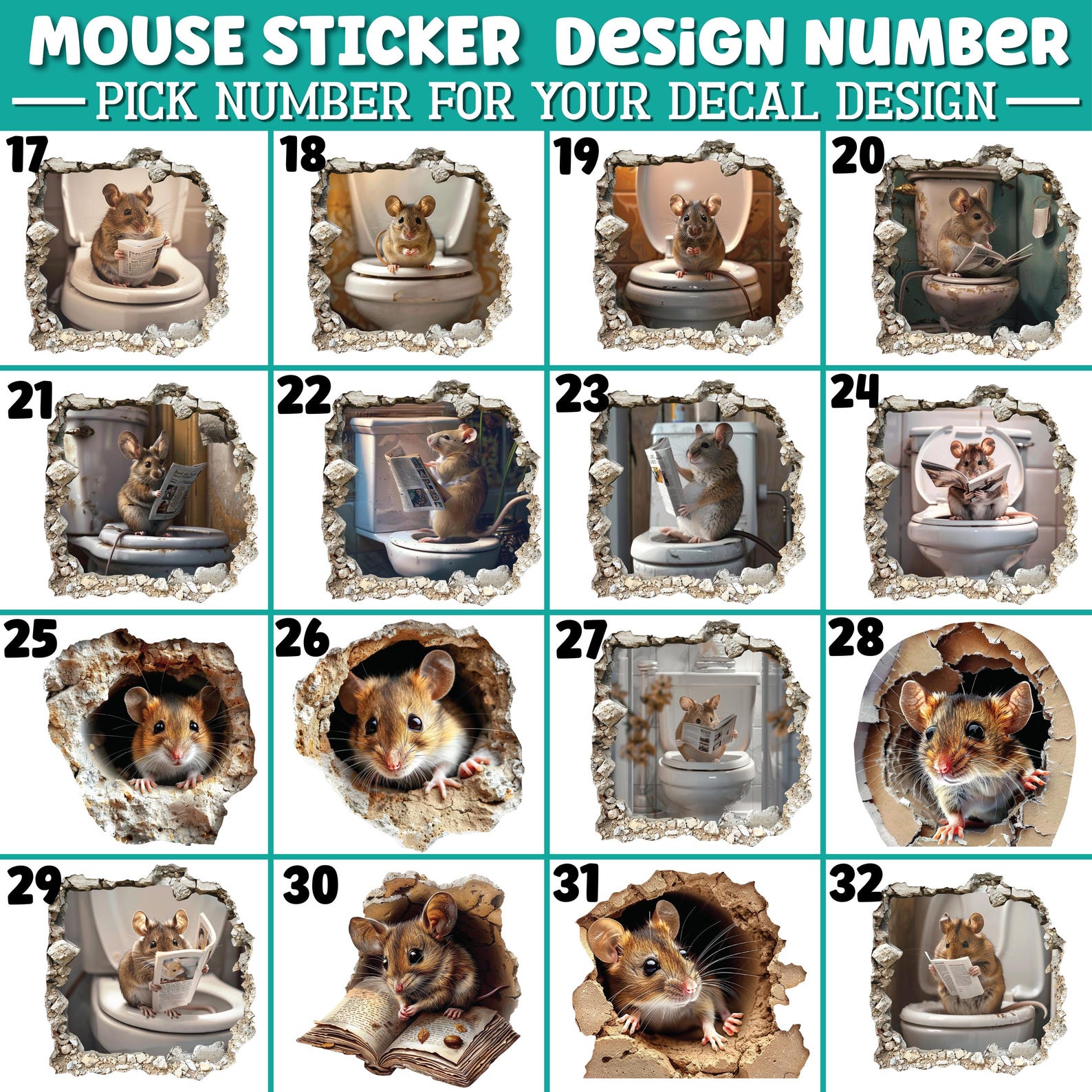 Mouse Sticker, Mouse Sitting on Toilet Sticker, Mouse Reading a Book in ...