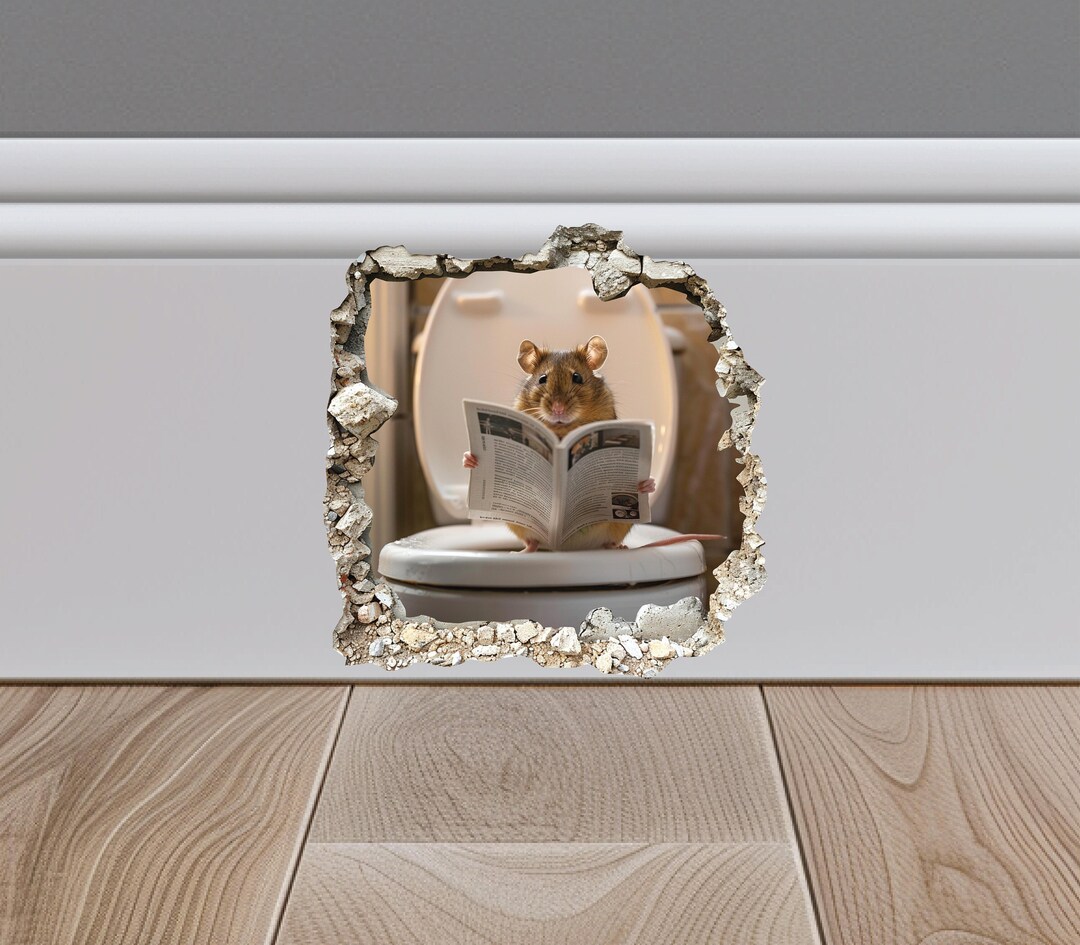 Mouse Sitting on Toilet in Mouse Hole Decal, Mouse Reading in Mouse ...