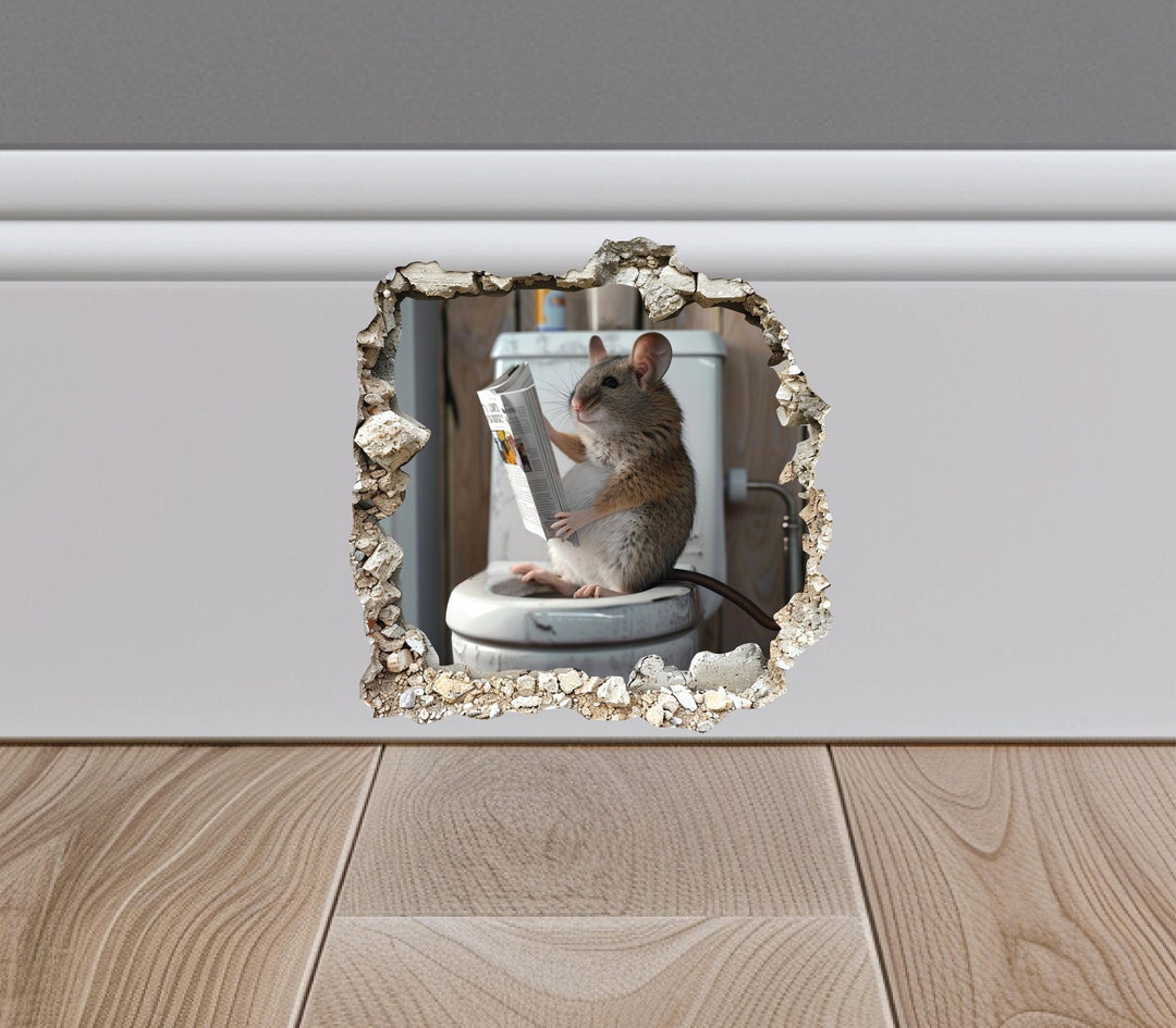 Mouse Sitting on Toilet in Mouse Hole Decal, Mouse Reading in Mouse ...