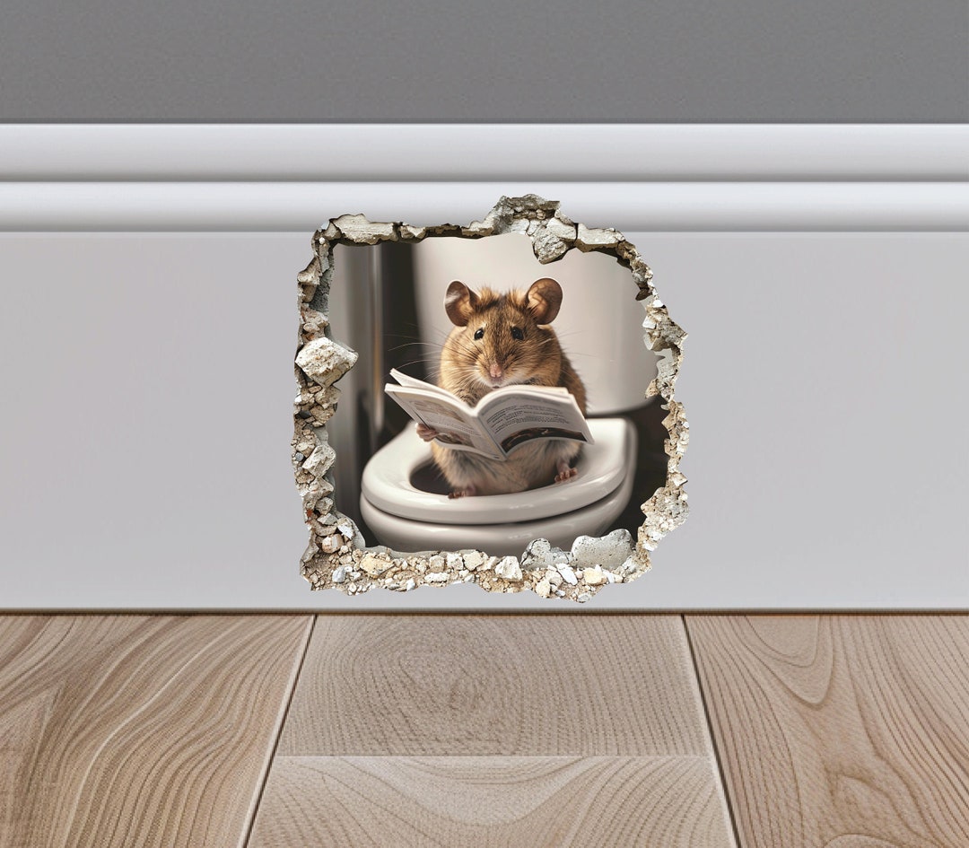 Mouse Sitting on Toilet in Mouse Hole Decal, Mouse Reading in Mouse ...