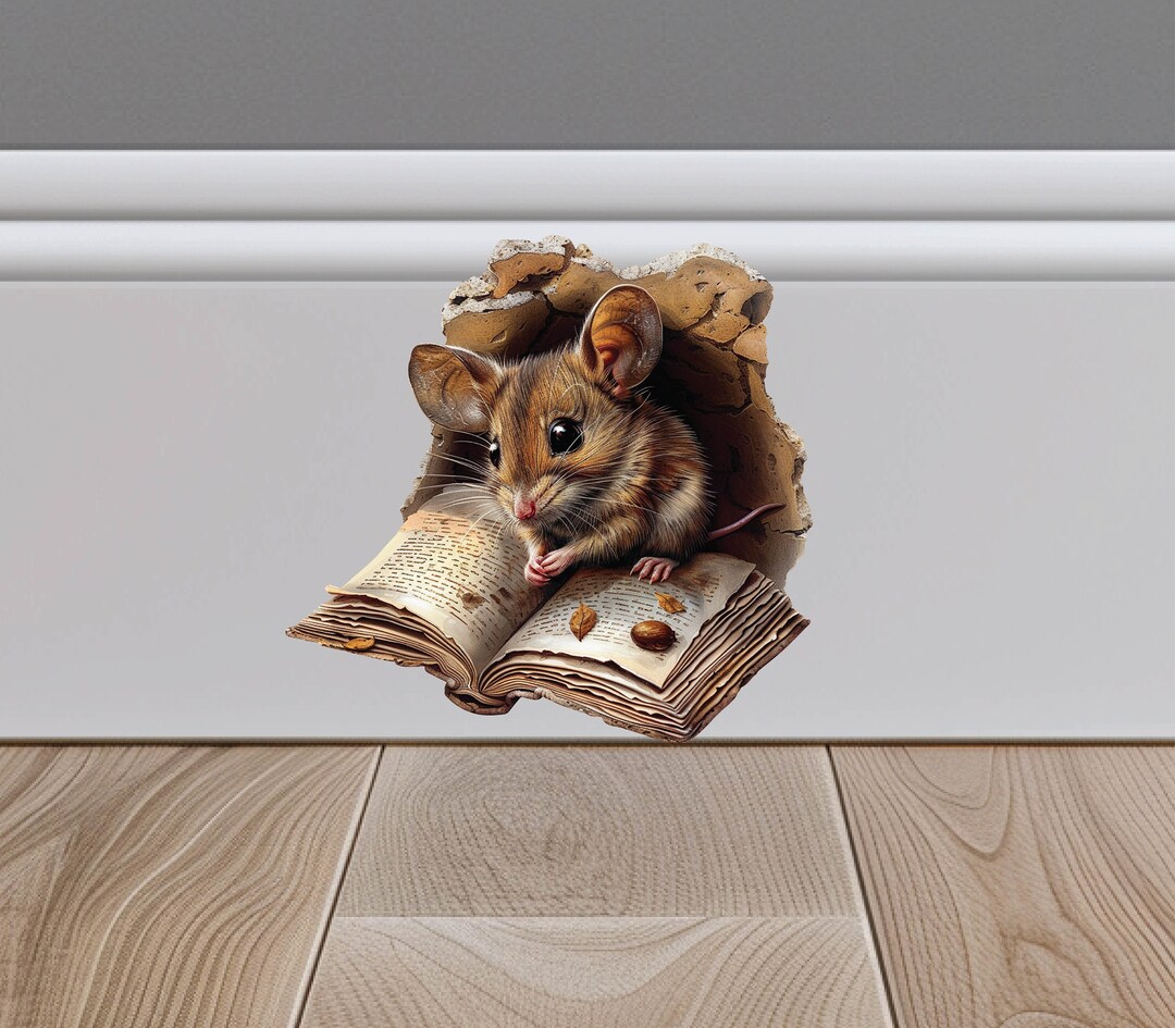 Mouse Reading a Book in Mouse Hole Decal, Mouse Hole 3D Wall Sticker ...