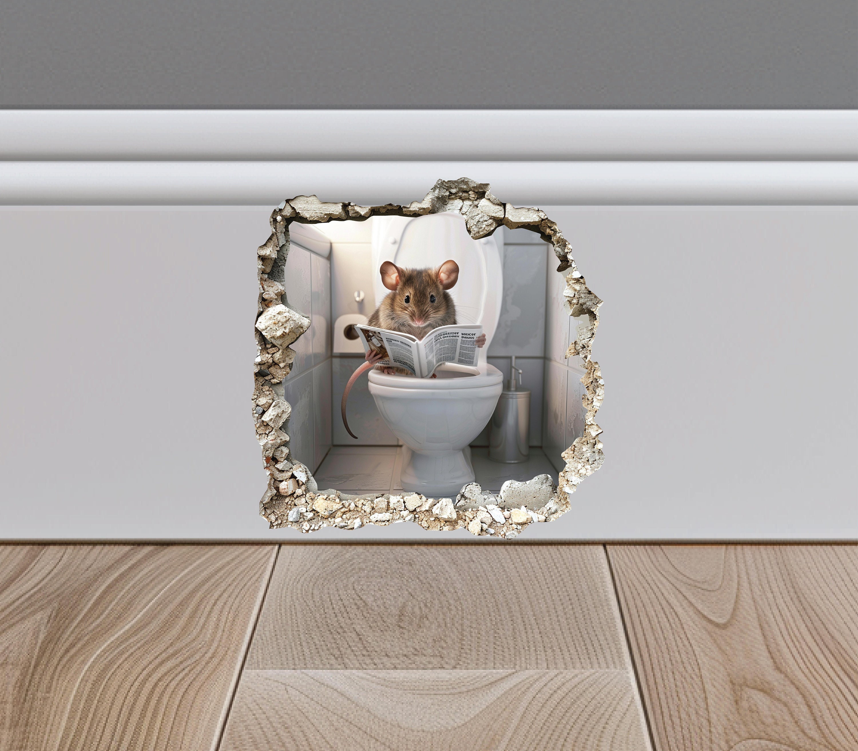 Mouse Sitting on Toilet in Mouse Hole Decal, Mouse Reading in Mouse ...